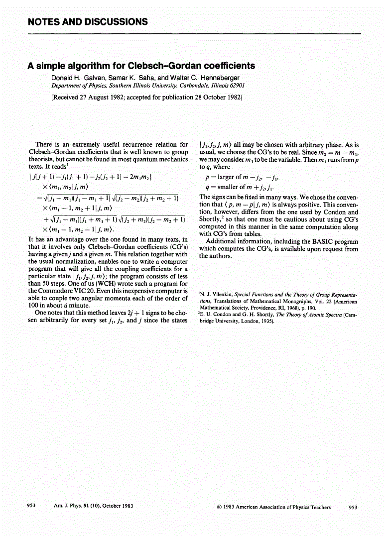 A simple algorithm for Clebsch–Gordan coefficients | American Journal of Physics | AIP Publishing