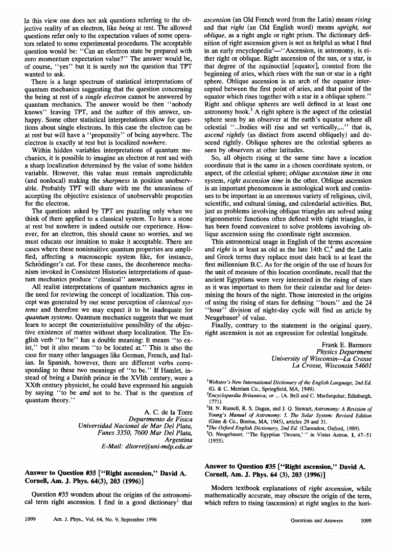 Answer to Question ♯35 [‘‘Right ascension,’’ David A. Cornell, Am. J ...