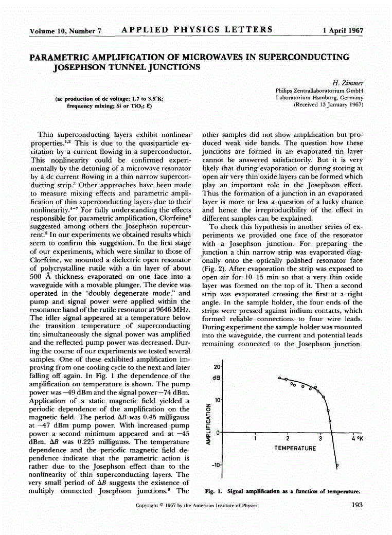 PARAMETRIC AMPLIFICATION OF MICROWAVES IN SUPERCONDUCTING JOSEPHSON ...