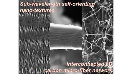 Three-dimensional carbon fiber networks with self-orienting nano-textures enabled by femtosecond ...