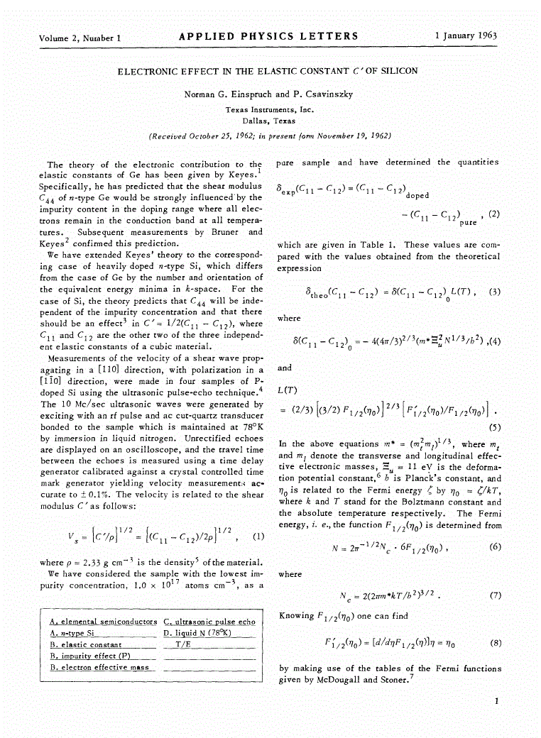 ELECTRONIC EFFECT IN THE ELASTIC CONSTANT C′ OF SILICON | Applied ...