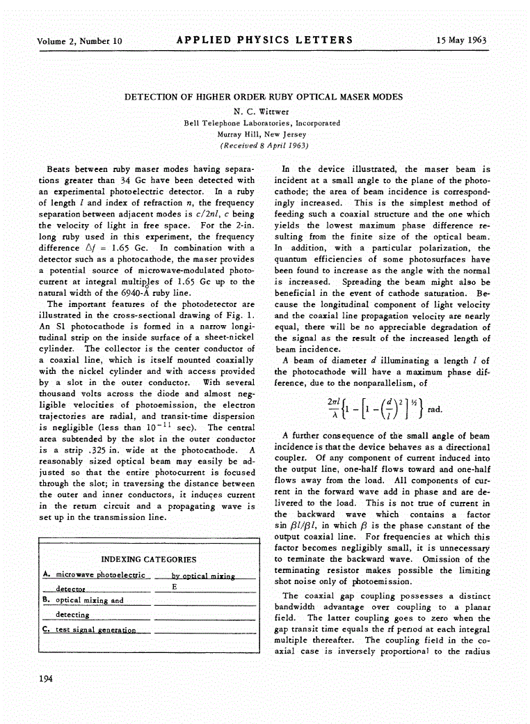 DETECTION OF HIGHER ORDER RUBY OPTICAL MASER MODES | Applied Physics ...