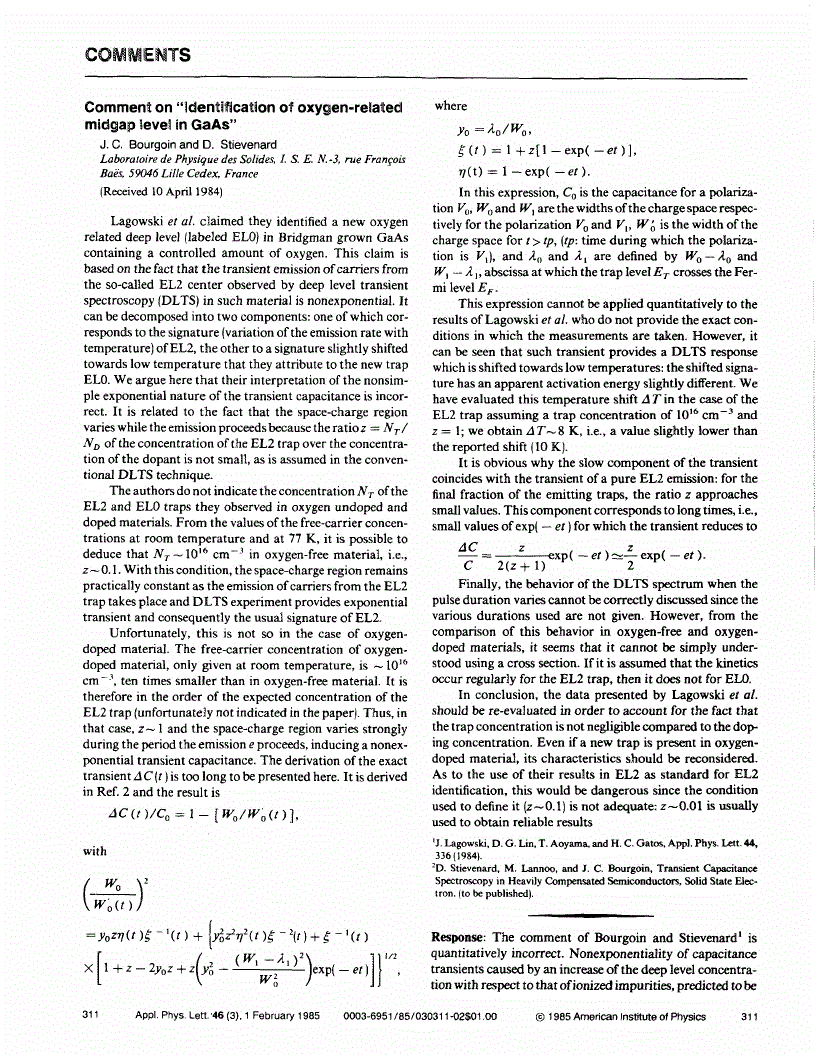 Response to ‘‘Comment on ‘Identification of oxygen‐related midgap level in GaAs’ ’’ [Appl. Phys ...