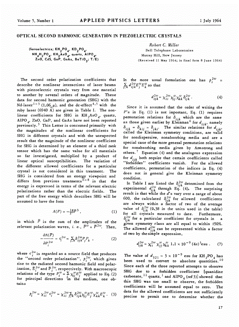 OPTICAL SECOND HARMONIC GENERATION IN PIEZOELECTRIC CRYSTALS | Applied Physics Letters | AIP ...