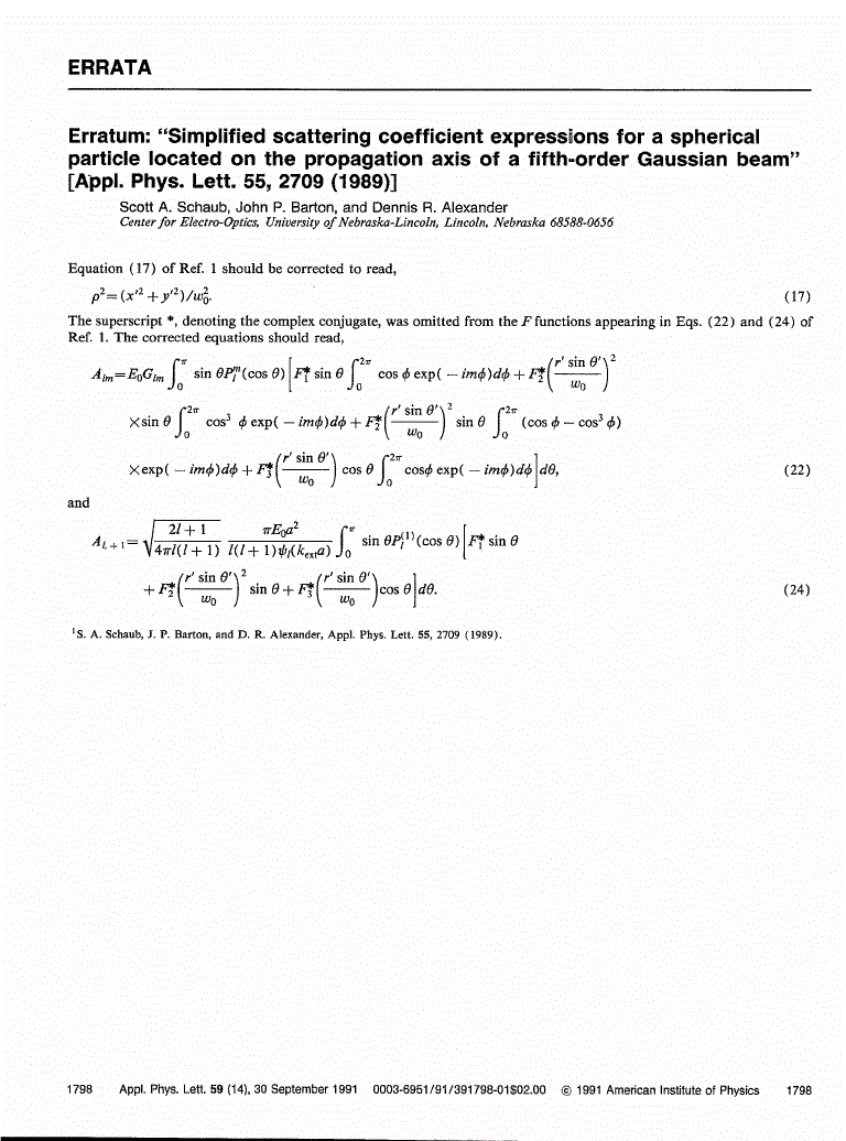 Erratum: Simplified scattering coefficient expressions for a spherical particle located on the ...