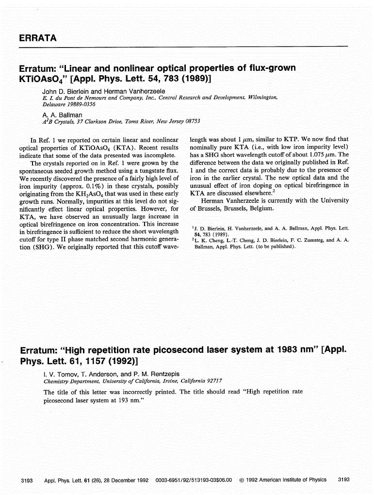 Erratum: ‘‘Linear and nonlinear optical properties of flux‐grown KTiOAsO4’’ [Appl. Phys. Lett ...
