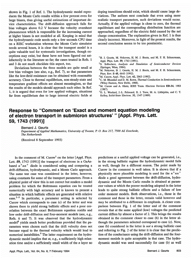 Response to ‘‘Comment on ‘Exact and moment equation modeling of electron transport in submicron ...