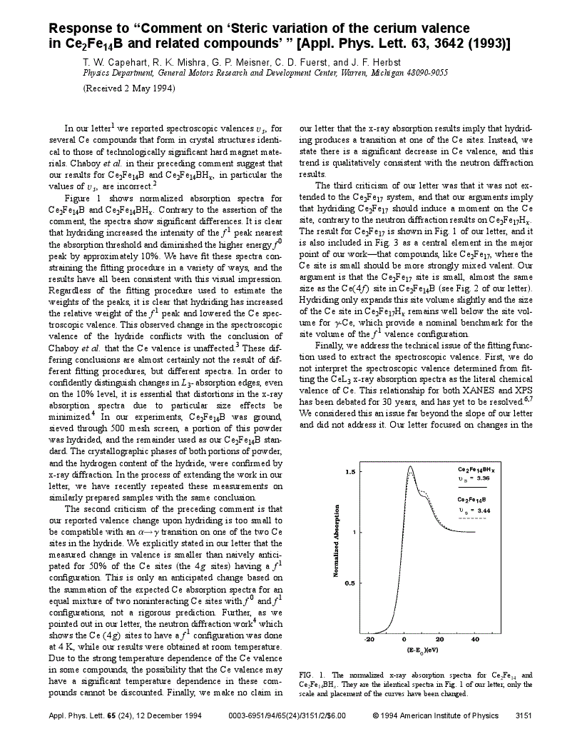 Response to ‘‘Comment on ‘Steric variation of the cerium valence in Ce2Fe14B and related ...