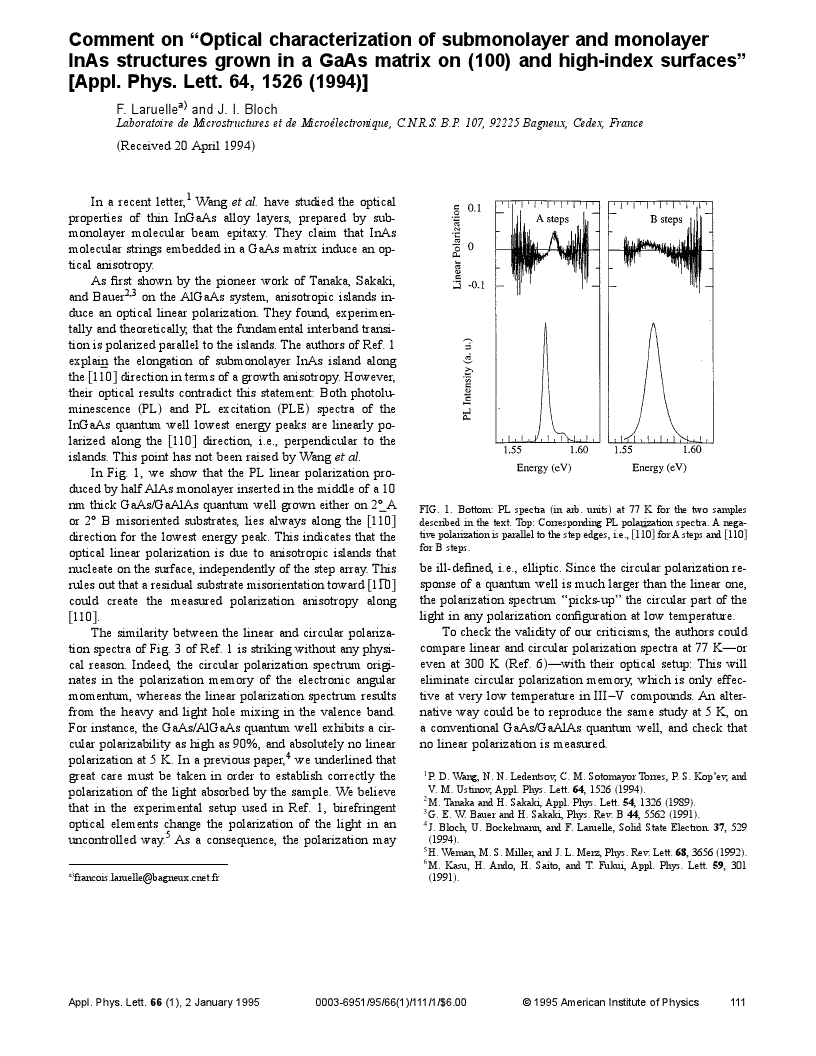 Comment on ‘‘Optical characterization of submonolayer and monolayer InAs structures grown in a ...