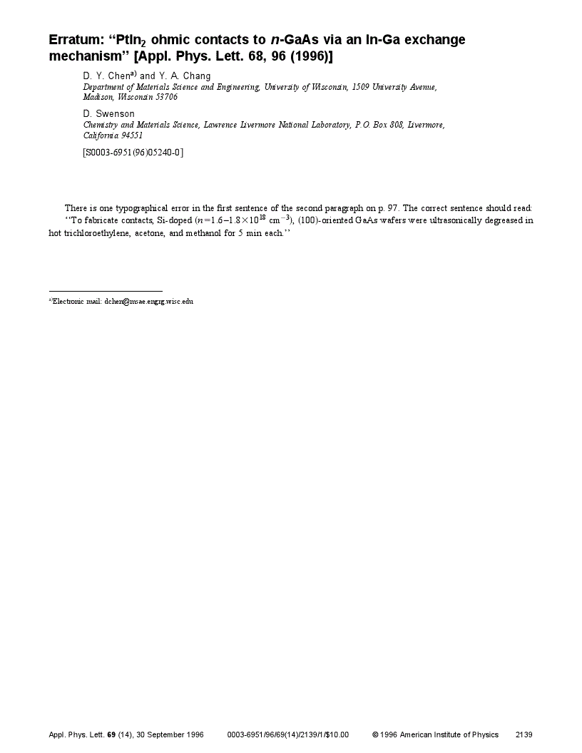 Erratum: ‘‘PtIn2 ohmic contacts to n‐GaAs via an In‐Ga exchange mechanism’’ [Appl. Phys. Lett ...