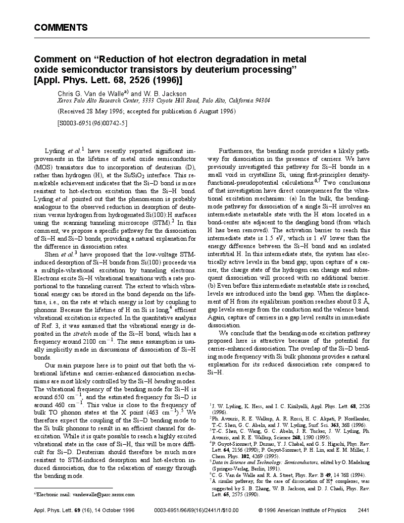 Comment on ‘‘Reduction of hot electron degradation in metal oxide ...