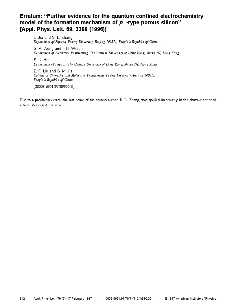 Erratum: “Further evidence for the quantum confined electrochemistry model of the formation ...