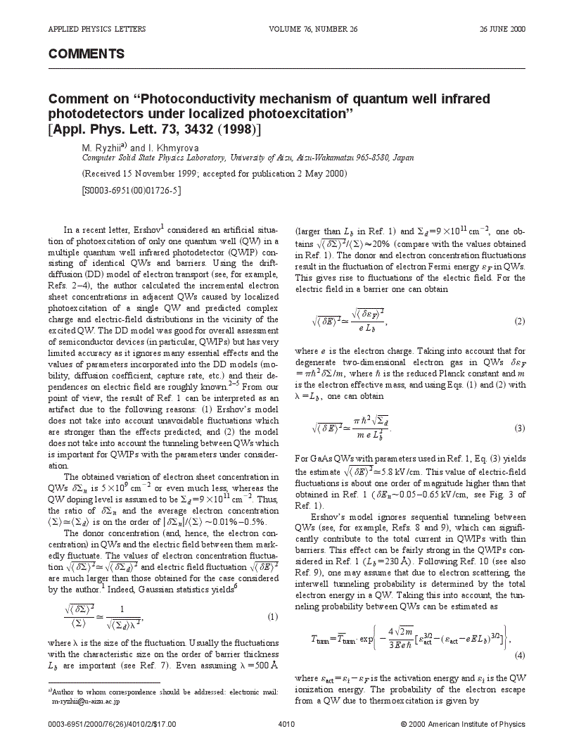 Comment on “Photoconductivity mechanism of quantum well infrared photodetectors under localized ...