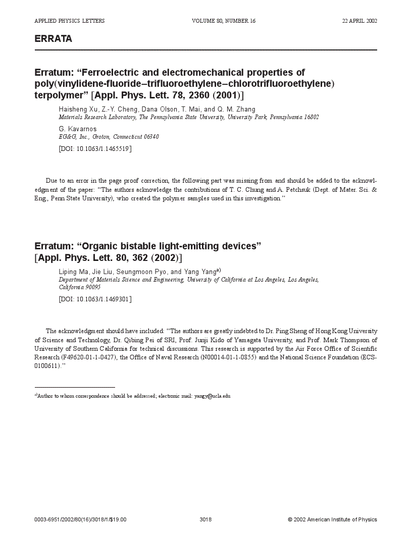 Erratum: “Organic bistable light-emitting devices” [Appl. Phys. Lett ...
