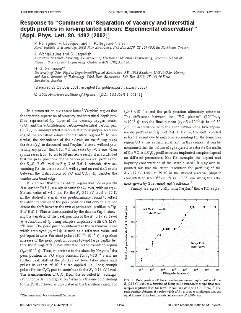 Response to “Comment on ‘Separation of vacancy and interstitial depth profiles in ion-implanted ...