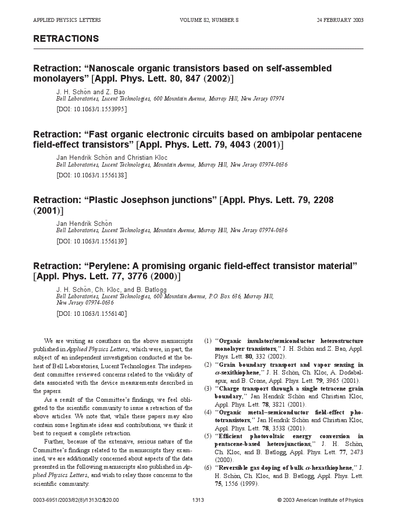 Retraction: “Nanoscale organic transistors based on self-assembled monolayers” [Appl. Phys. Lett ...