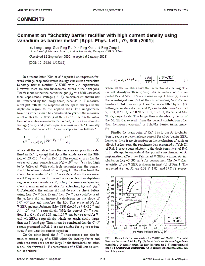 Comment on “Schottky barrier rectifier with high current density using vanadium as barrier metal ...