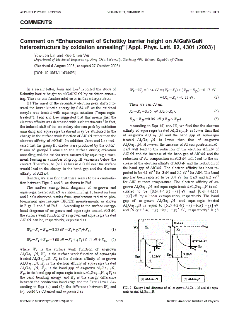 Comment on “Enhancement of Schottky barrier height on AlGaN/GaN heterostructure by oxidation ...