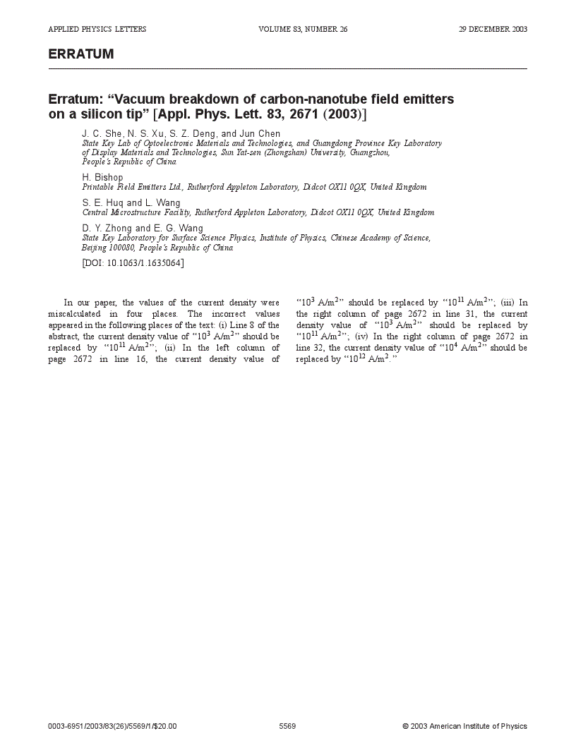Erratum: “Vacuum breakdown of carbon-nanotube field emitters on a ...
