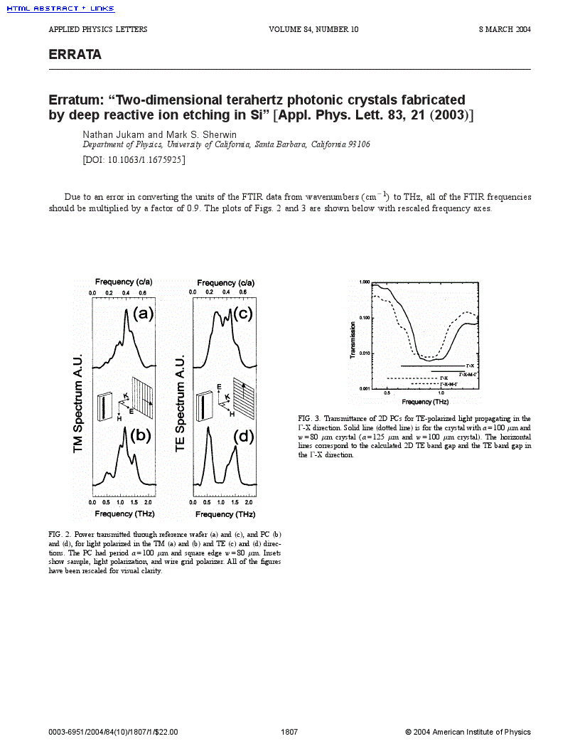 Erratum: “Two-dimensional terahertz photonic crystals fabricated by deep reactive ion etching in ...