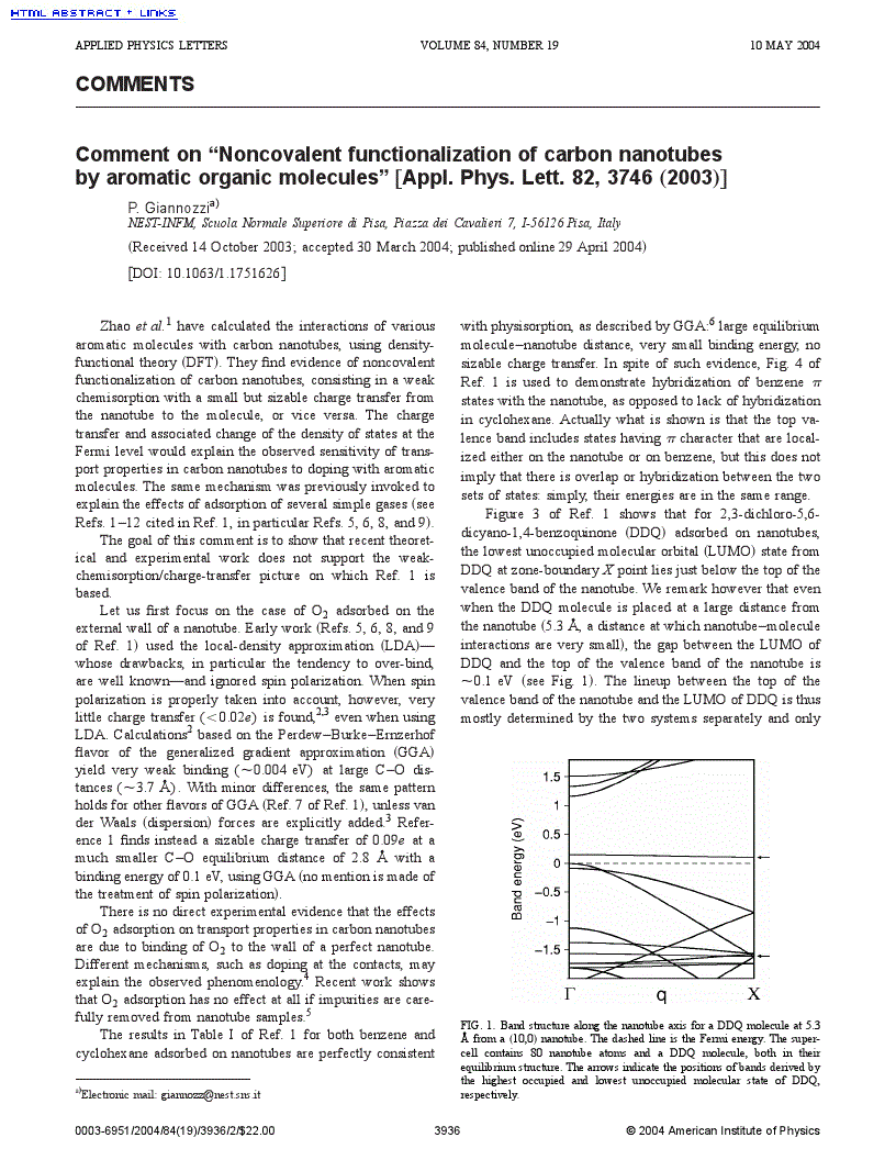Comment on “Noncovalent functionalization of carbon nanotubes by aromatic organic molecules ...