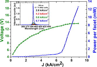 Cleaved-facet violet laser diodes with lattice-matched Al0.82In0.18N ...
