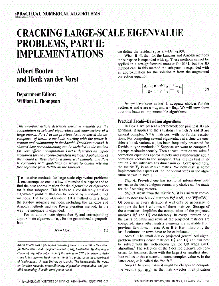 Cracking Large‐scale Eigenvalue Problems Part Ii Implementations Computer In Physics Aip 