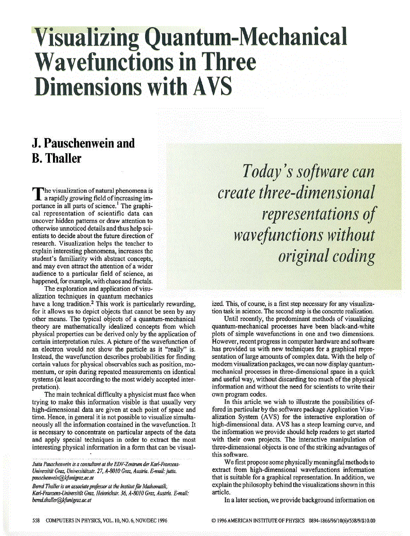 Visualizing Quantum‐Mechanical Wavefunctions in Three Dimensions with AVS | Computer in Physics ...