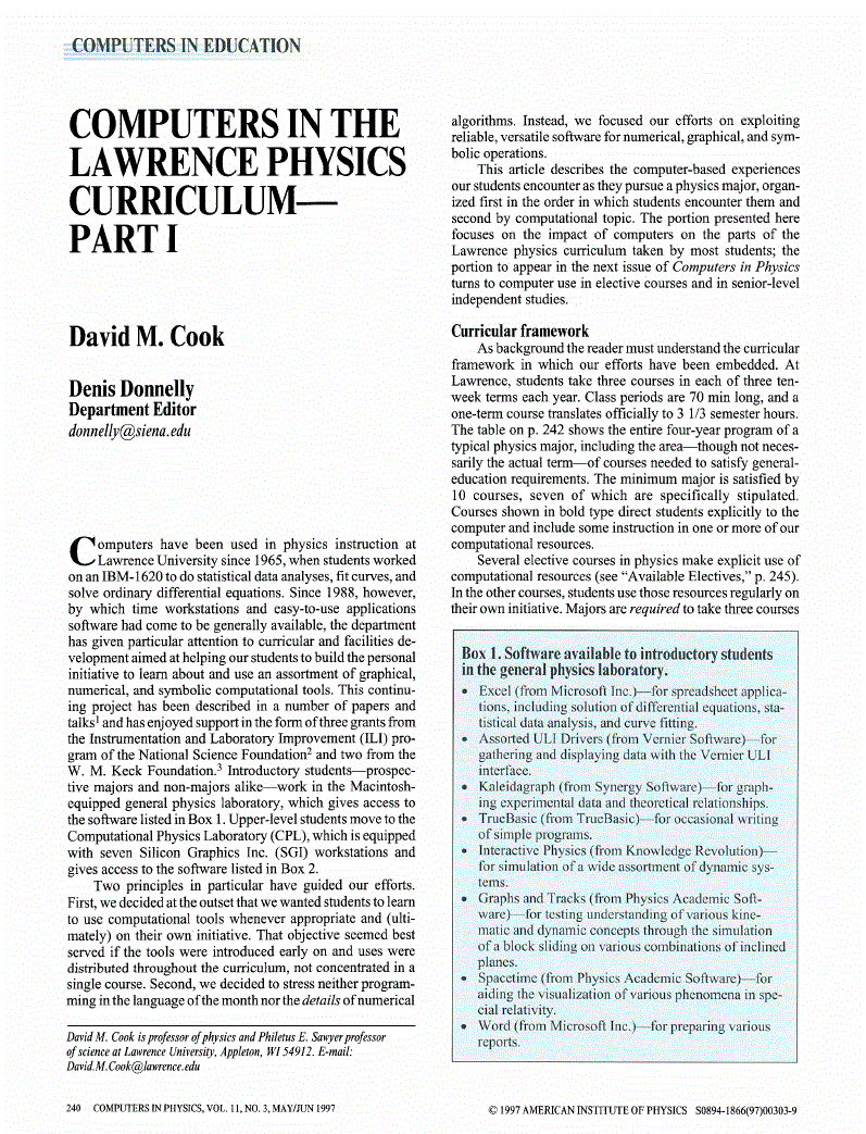 Computers in the Lawrence Physics Curriculum— Part I | Computer in Physics | AIP Publishing