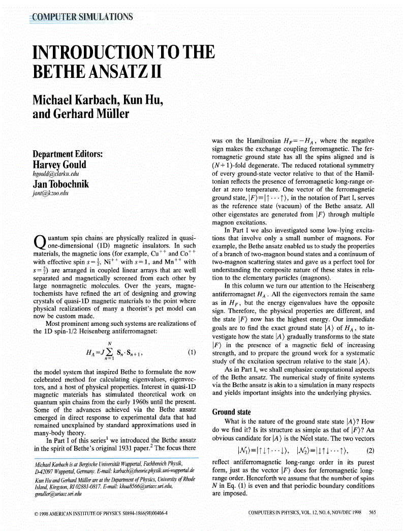 Introduction to the Bethe Ansatz II | Computer in Physics | AIP Publishing