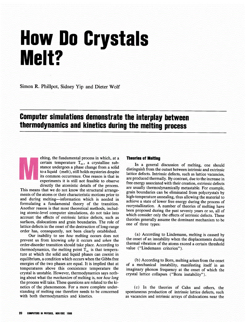 How Do Crystals Melt? | Computer in Physics | AIP Publishing