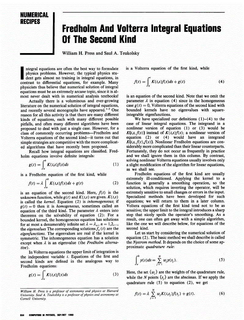 Fredholm And Volterra Integral Equations Of The Second Kind Computer In Physics Aip Publishing
