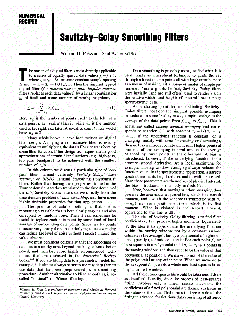 Savitzky‐Golay Smoothing Filters | Computer in Physics | AIP Publishing