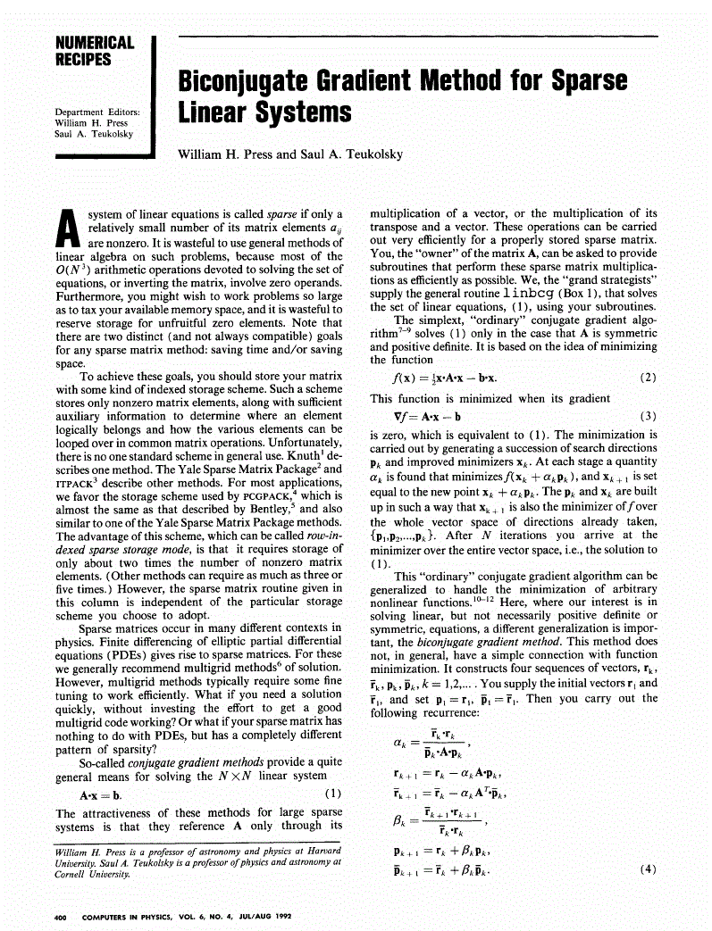 Biconjugate Gradient Method for Sparse Linear Systems | Computer in Physics | AIP Publishing