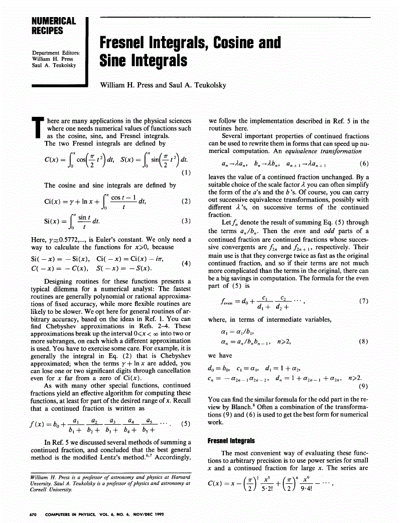 Fresnel Integrals, Cosine and Sine Integrals | Computer in Physics ...