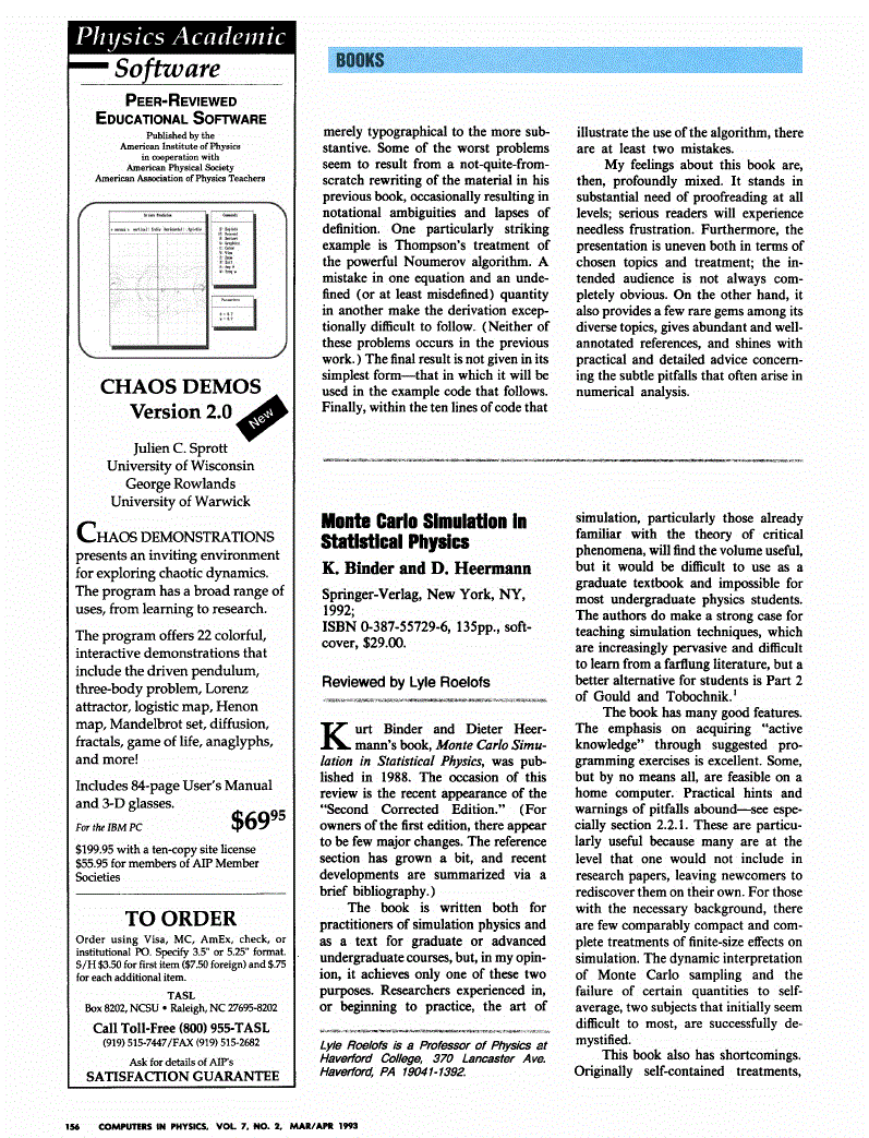 Monte Carlo Simulation In Statistical Physics Computer In Physics Aip Publishing
