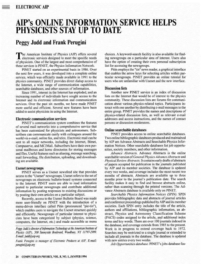 AIP's Online Information Service Helps Physicists Stay up to Date | Computer in Physics | AIP ...