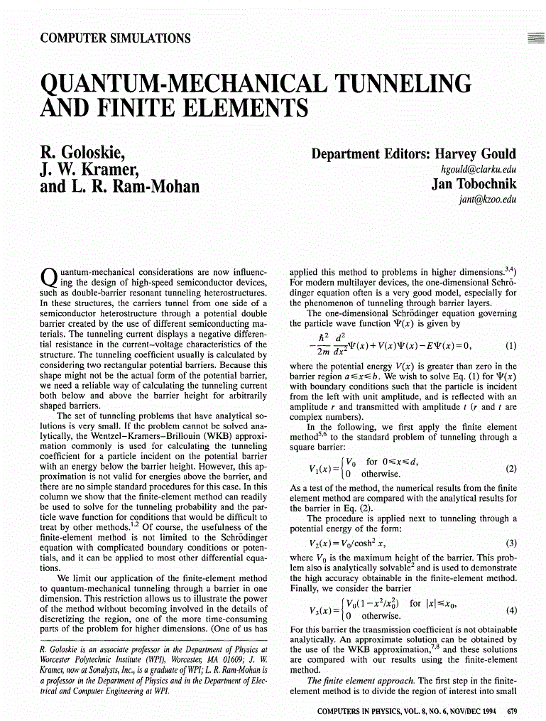Quantum‐mechanical tunneling and finite elements | Computer in Physics | AIP Publishing