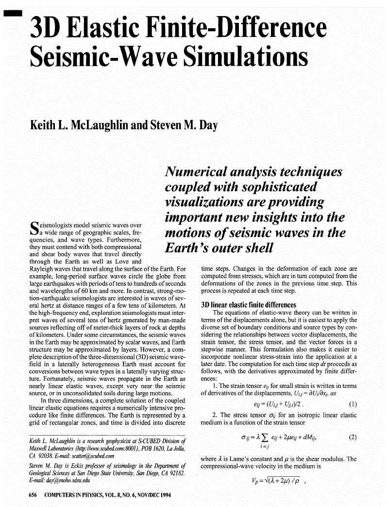 3d Elastic Finite‐difference Seismic‐wave Simulations Computer In Physics Aip Publishing