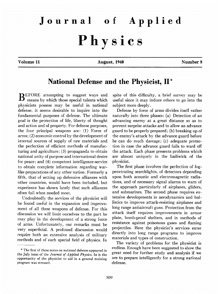 National Defense and the Physicist, II | Journal of Applied Physics ...