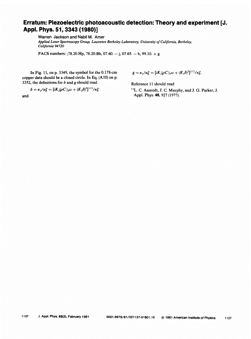Erratum: Piezoelectric photoacoustic detection: Theory and experiment ...