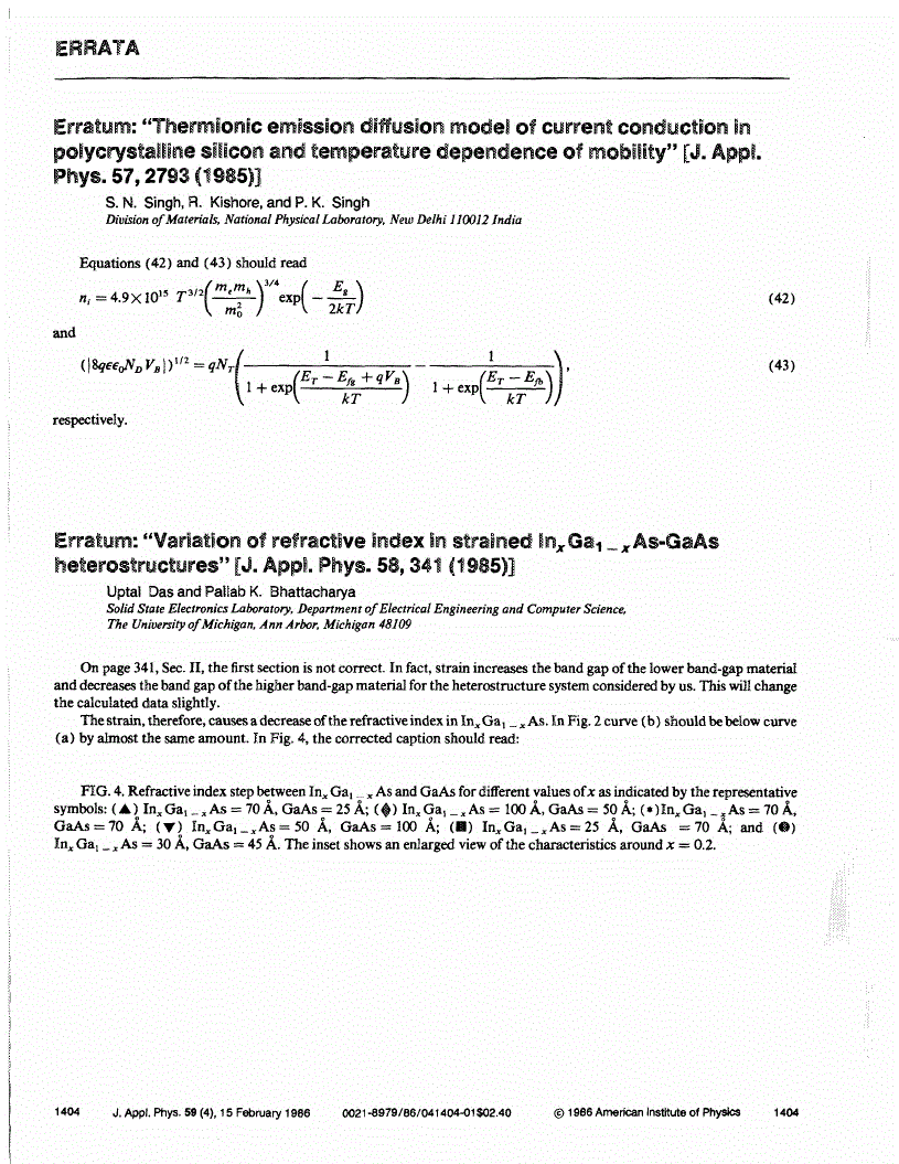 Erratum: ‘‘Variation of refractive index in strained InxGa1−xAs‐GaAs heterostructures’’ [J. Appl ...