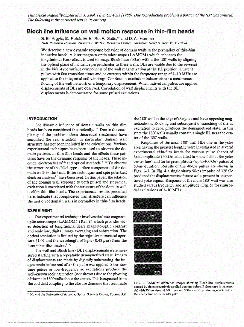 Erratum: ‘‘Bloch line influence on wall motion response in thin‐film ...