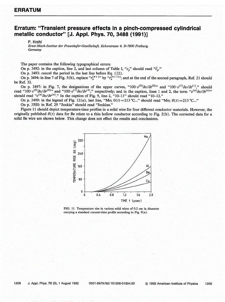 Erratum: ‘‘Transient pressure effects in a pinch‐compressed cylindrical ...