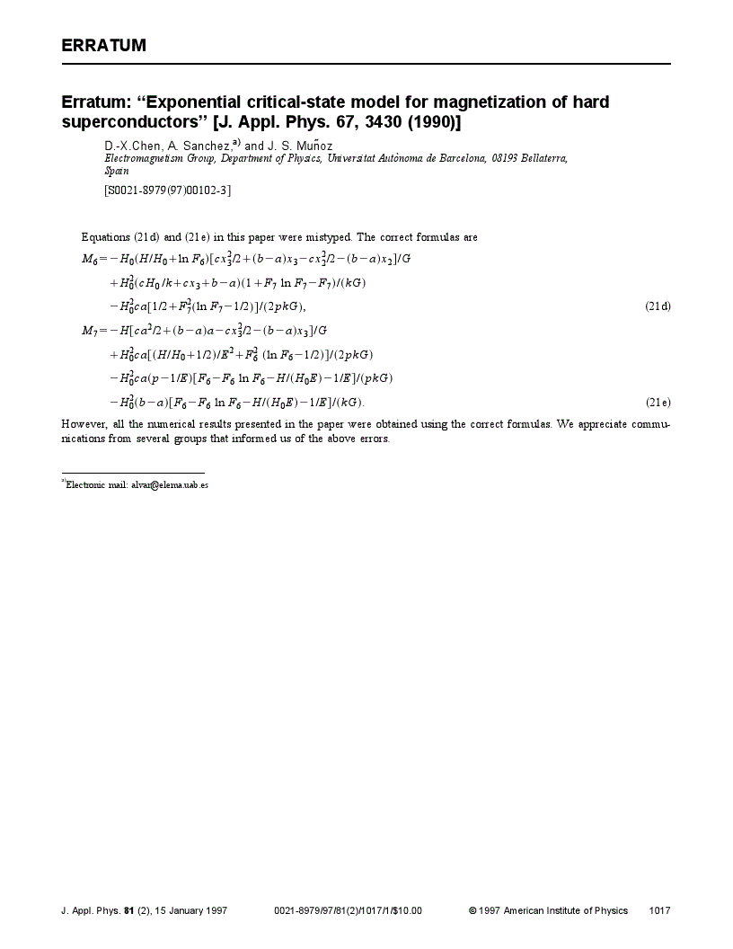 Erratum: “Exponential critical-state model for magnetization of hard superconductors’’ [J. Appl ...