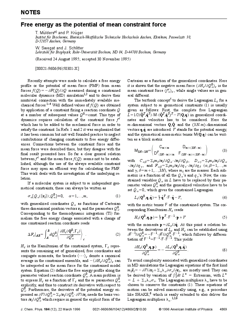 Free energy as the potential of mean constraint force | The Journal of ...