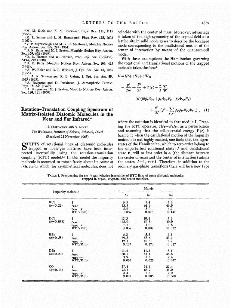 Rotation—Translation Coupling Spectrum of Matrix‐Isolated Diatomic ...