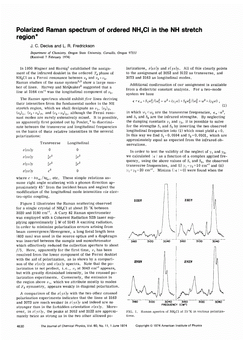Polarized Raman spectrum of ordered NH4Cl in the NH stretch region ...