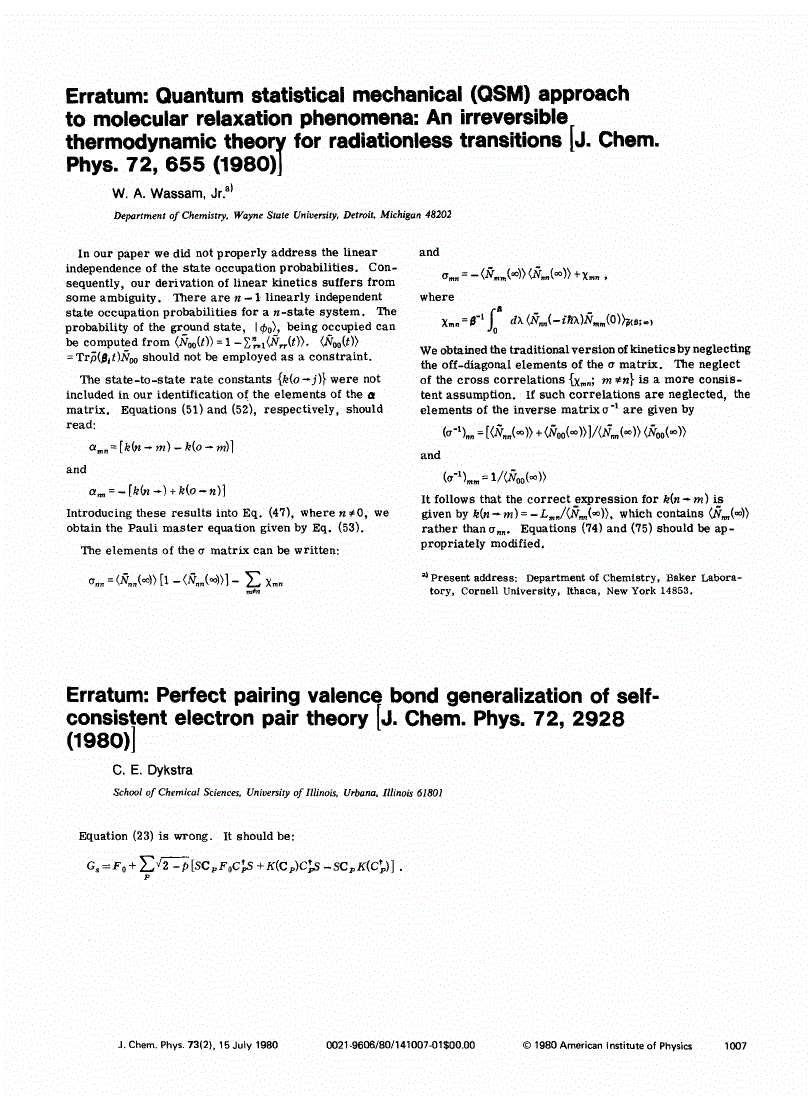 Erratum: Perfect pairing valence bond generalization of self‐consistent electron pair theory [J ...