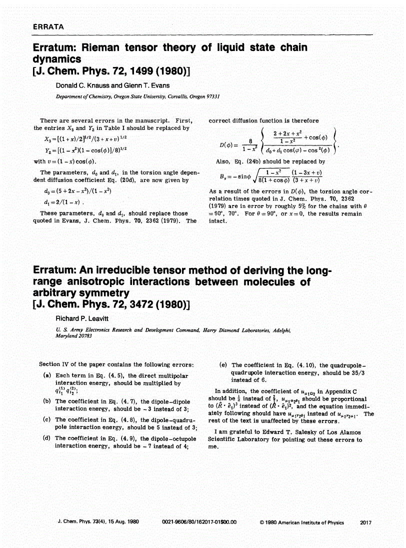 Erratum: An irreducible tensor method of deriving the long‐range anisotropic interactions ...